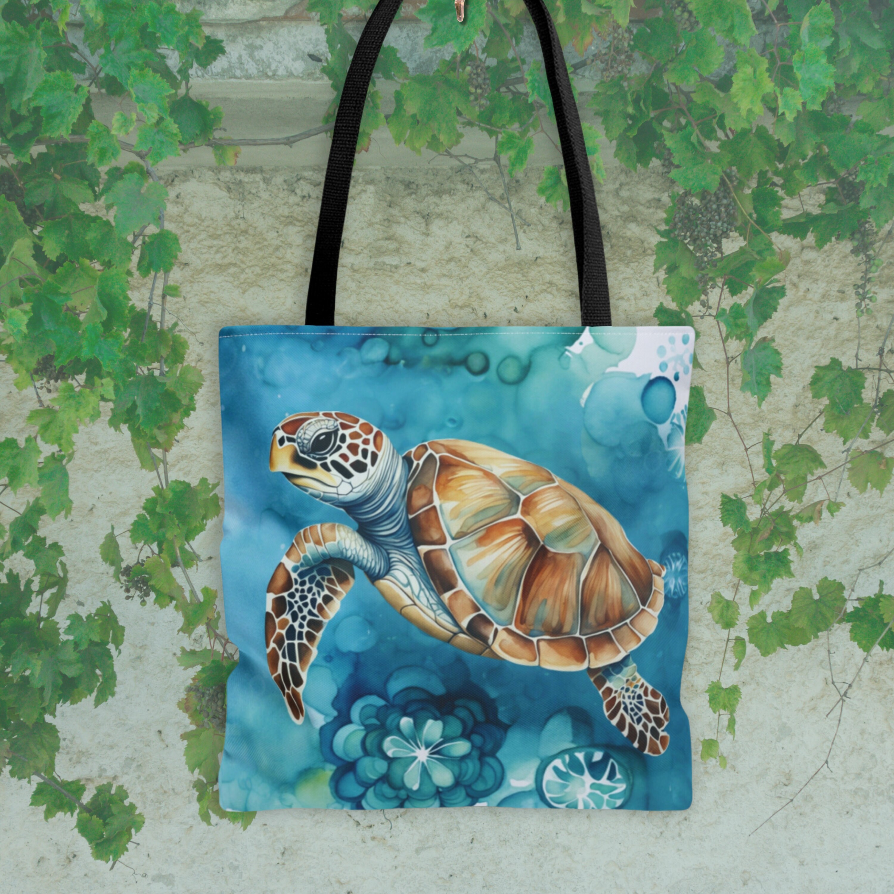 Sea Turtle Tote Bag, Blue Canvas Watercolor Tote Bag, Marine Life Tote ...