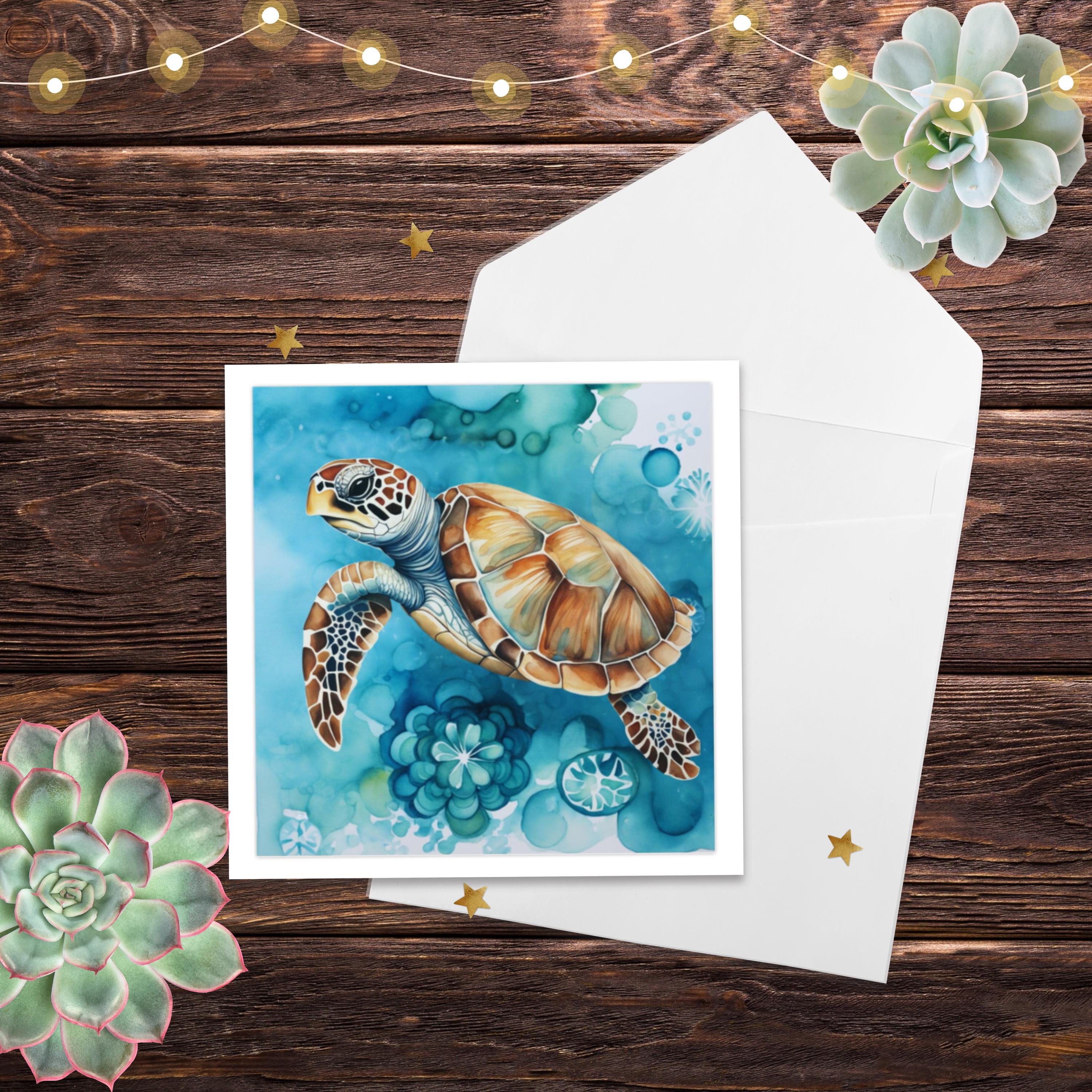 Blue Watercolor Sea Turtle Note Cards, Blank Turtle Note Card Set ...