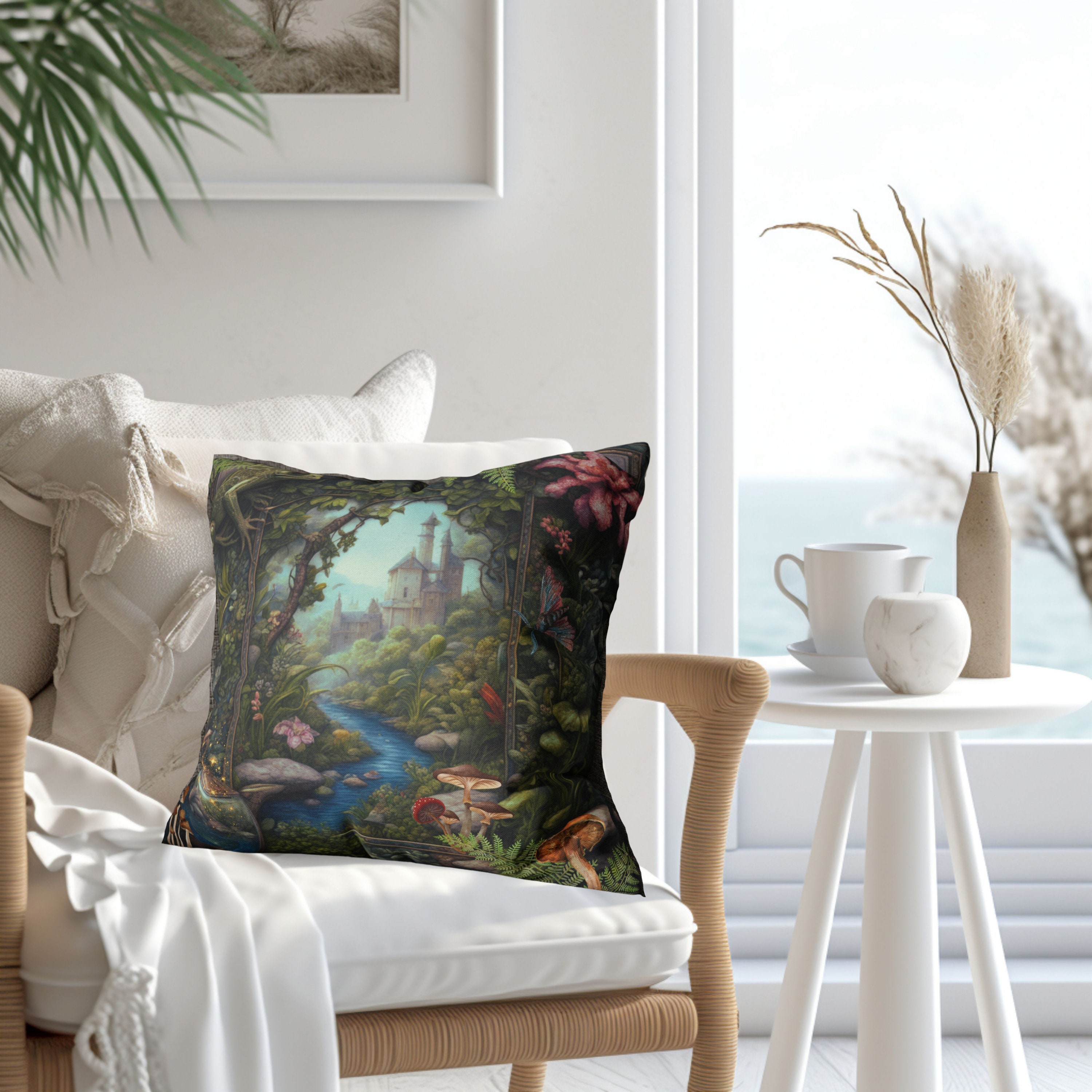 Enchanted Forest Mushroom Frog Castle Throw Pillow Cover, Whimsical ...