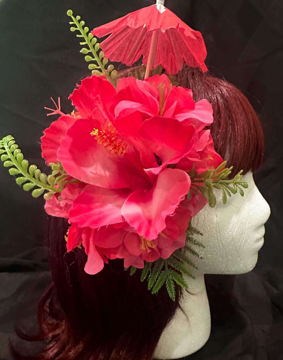 Pink Floral Hair Clip With Cocktail Umbrella, Tiki, Pin Up, Glamour ...