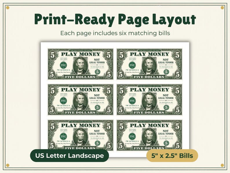Printable Play Money PDF for Kids, Classroom Money, Pretend Cash Bills ...