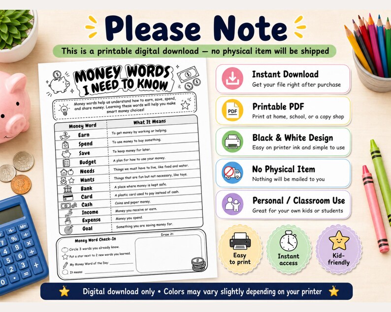Money Words Worksheet for Kids, Financial Literacy Vocabulary Printable ...