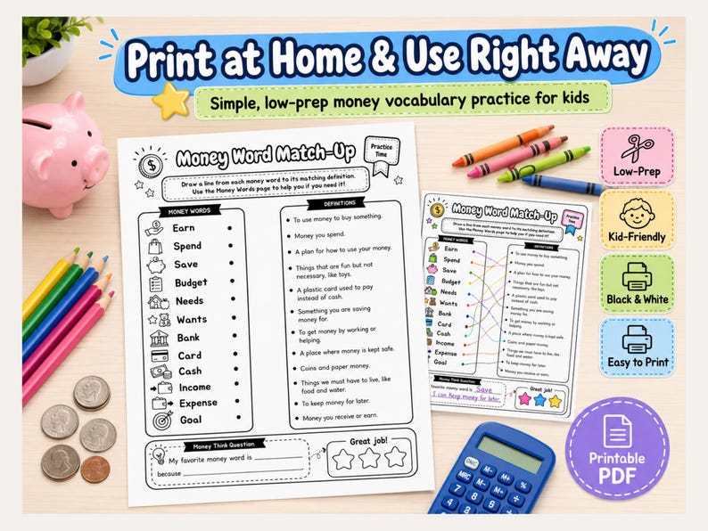 Money Word Match-up Worksheet for Kids, Financial Literacy Matching ...