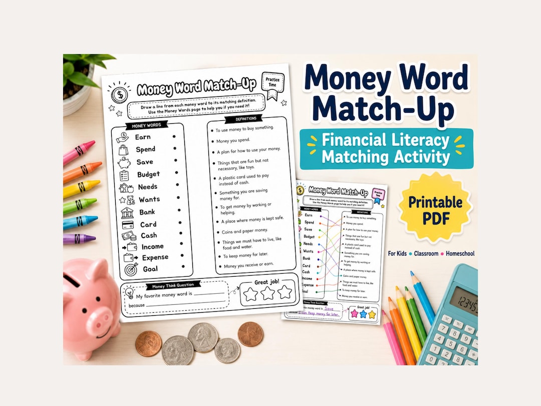 Money Word Match-up Worksheet for Kids, Financial Literacy Matching ...