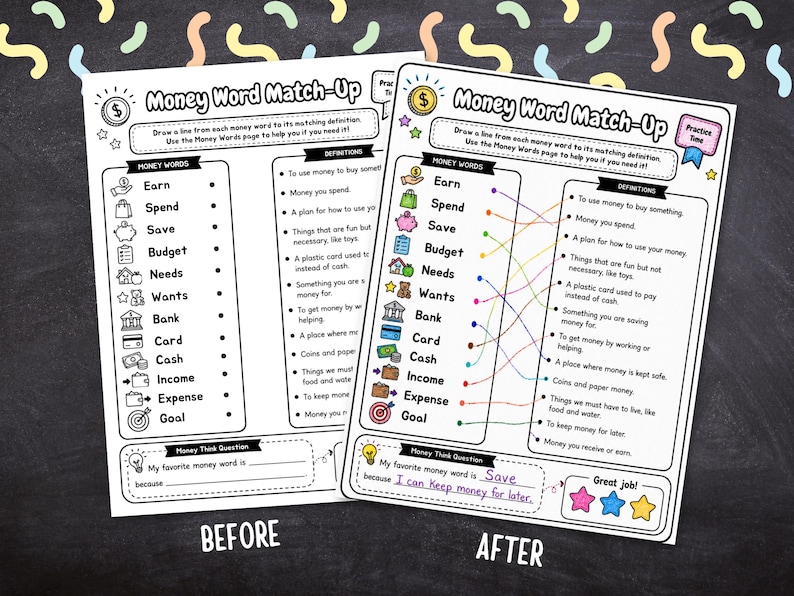 Money Word Match-up Worksheet for Kids, Financial Literacy Matching ...
