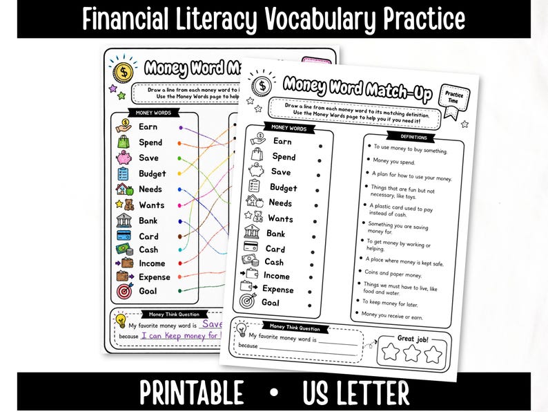 Money Word Match-up Worksheet for Kids, Financial Literacy Matching ...