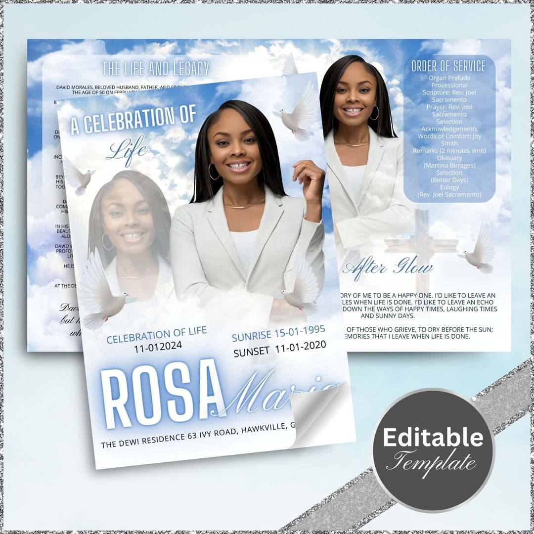 Memorial Program, Obituary, 8.5"x11" BOOKLET 4 Pages, Heavenly Cloud ...