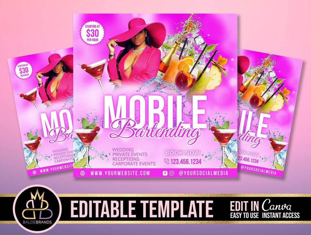 Mobile Bartending Flyer, DIY Flyer Template Design, Bartender Flyer ...