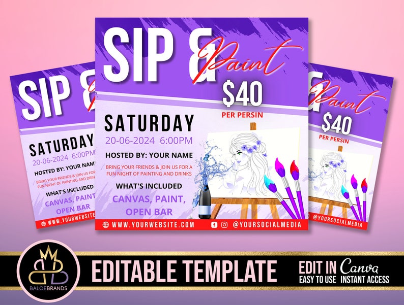SIP AND PAINT Flyer Template, Sip & Paint Editable Flyer Canva, Sip ...