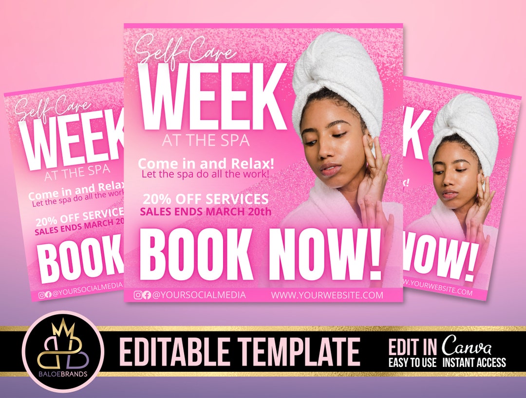 Self Care Flyer, Spa Services, Spa Self Care Week Editable Social Media ...