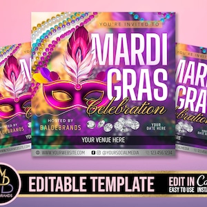 Mardi Grass Flyer, Editable Social Media Flyer, Mardi Grass, Masquerade ...