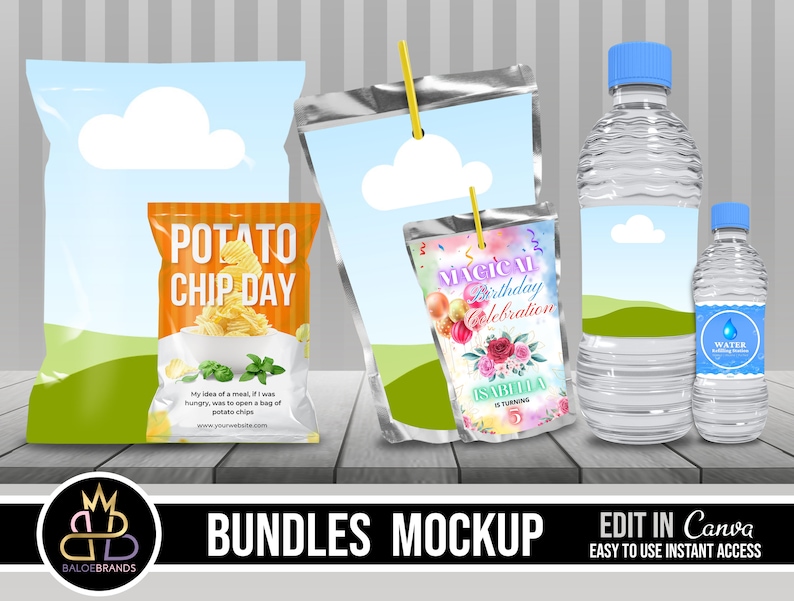 Mockup Bundle, Chip Bag, Juice Pouch, Water Bottle Mockup, Canva Mockup ...