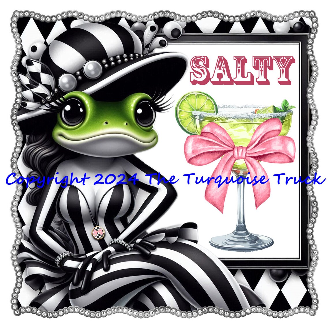 Sassy Frog Print With Black and White Harlequin Design Stripes ...