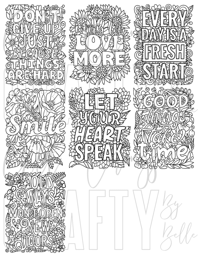 Floral Motivational Quote Coloring Sheets - 25 Digital PDF Coloring ...