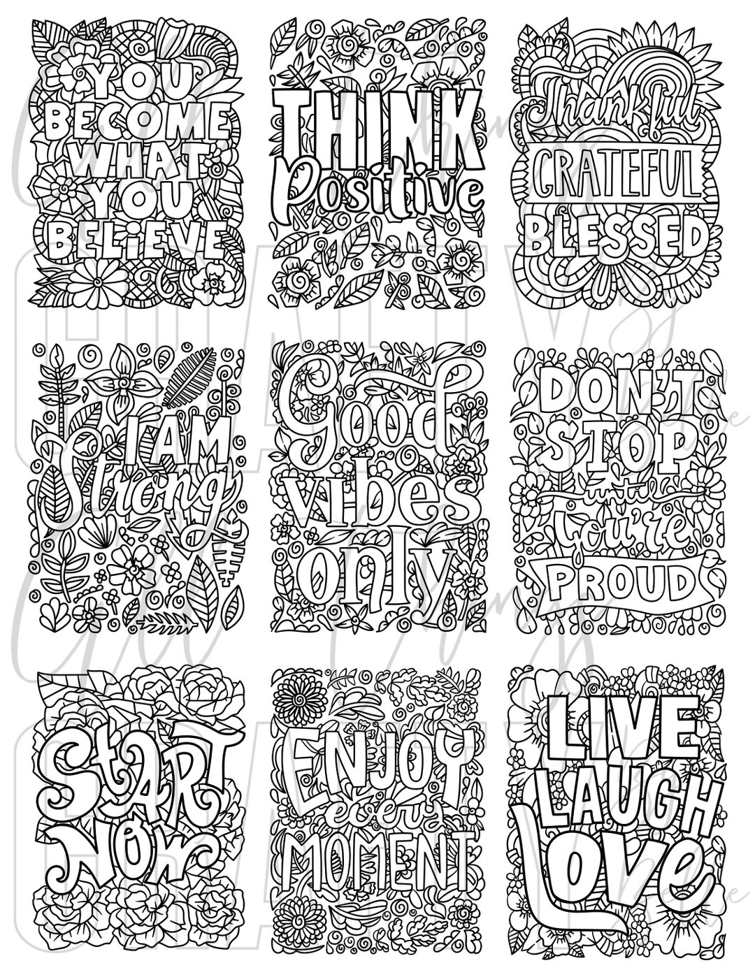 Floral Motivational Quote Coloring Sheets - 25 Digital PDF Coloring ...