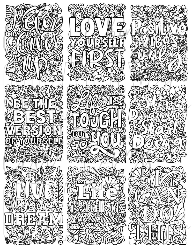 Floral Motivational Quote Coloring Sheets - 25 Digital PDF Coloring ...