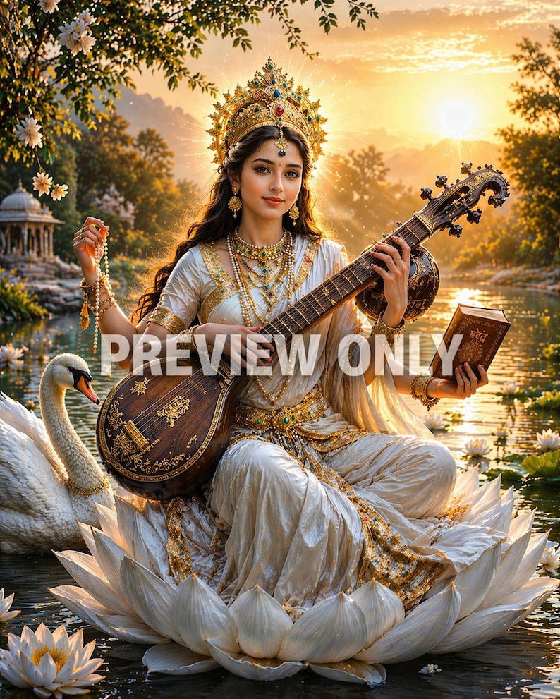 Goddess Saraswati Wall Art, Lotus Divine Wisdom Poster (digital ...