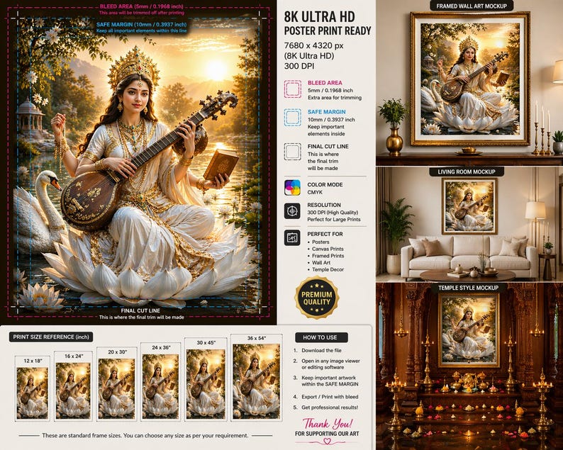 Goddess Saraswati Wall Art, Lotus Divine Wisdom Poster (digital ...