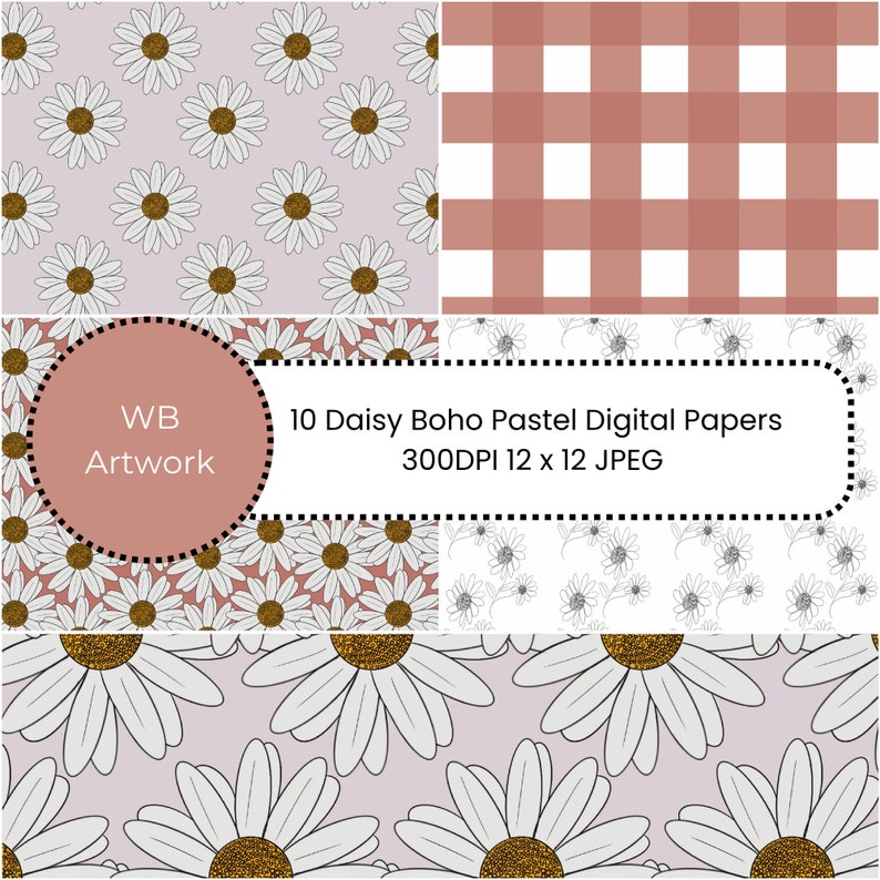 10 Daisy Flowers Boho Pastel Digital Papers Spring Patterns ...