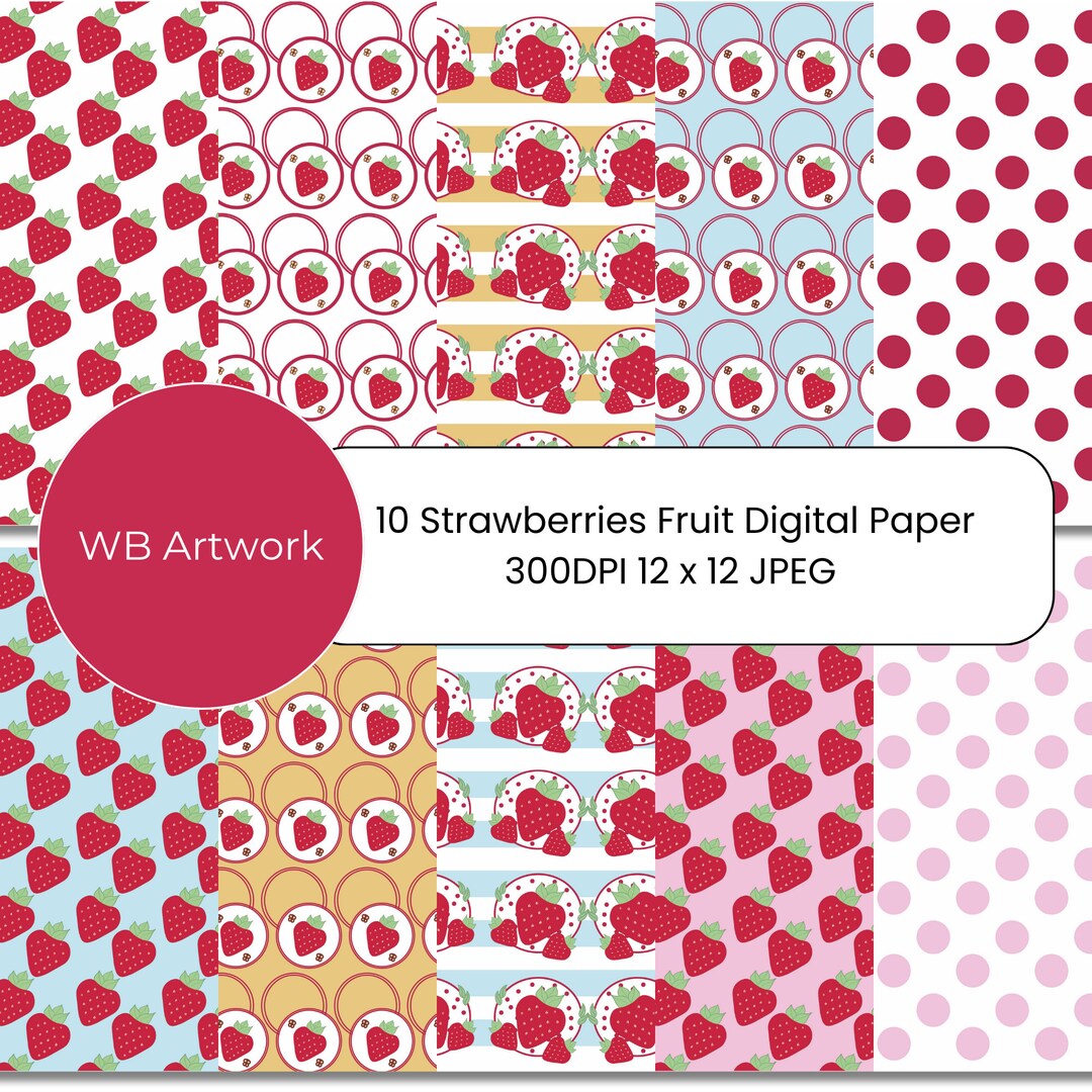 10 Strawberries Fruit Digital Paper Downloadable Patterns Downloadable ...