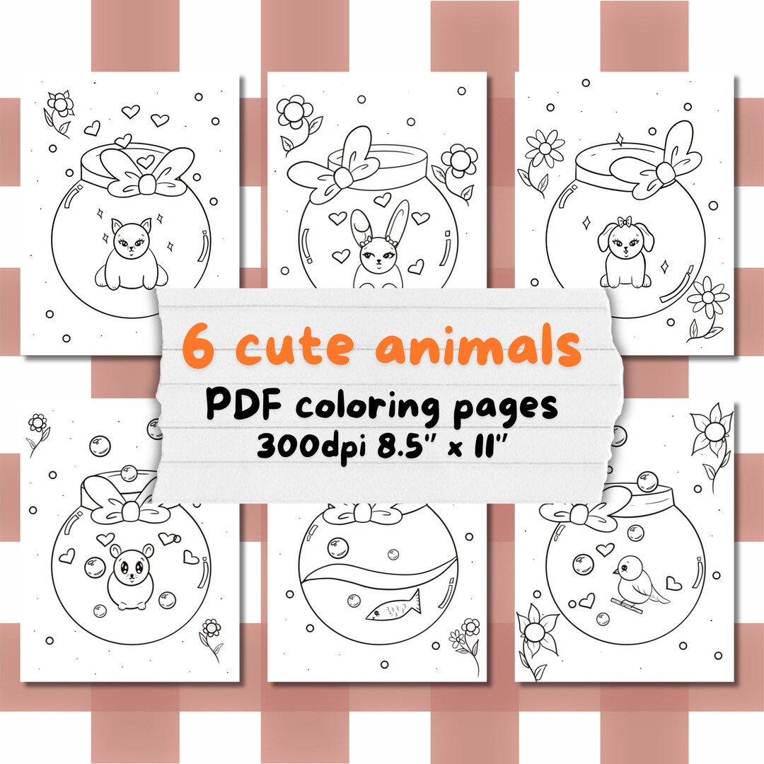 Six Cute Animals Coloring Pages and Coloring Books Relaxing Page Set ...