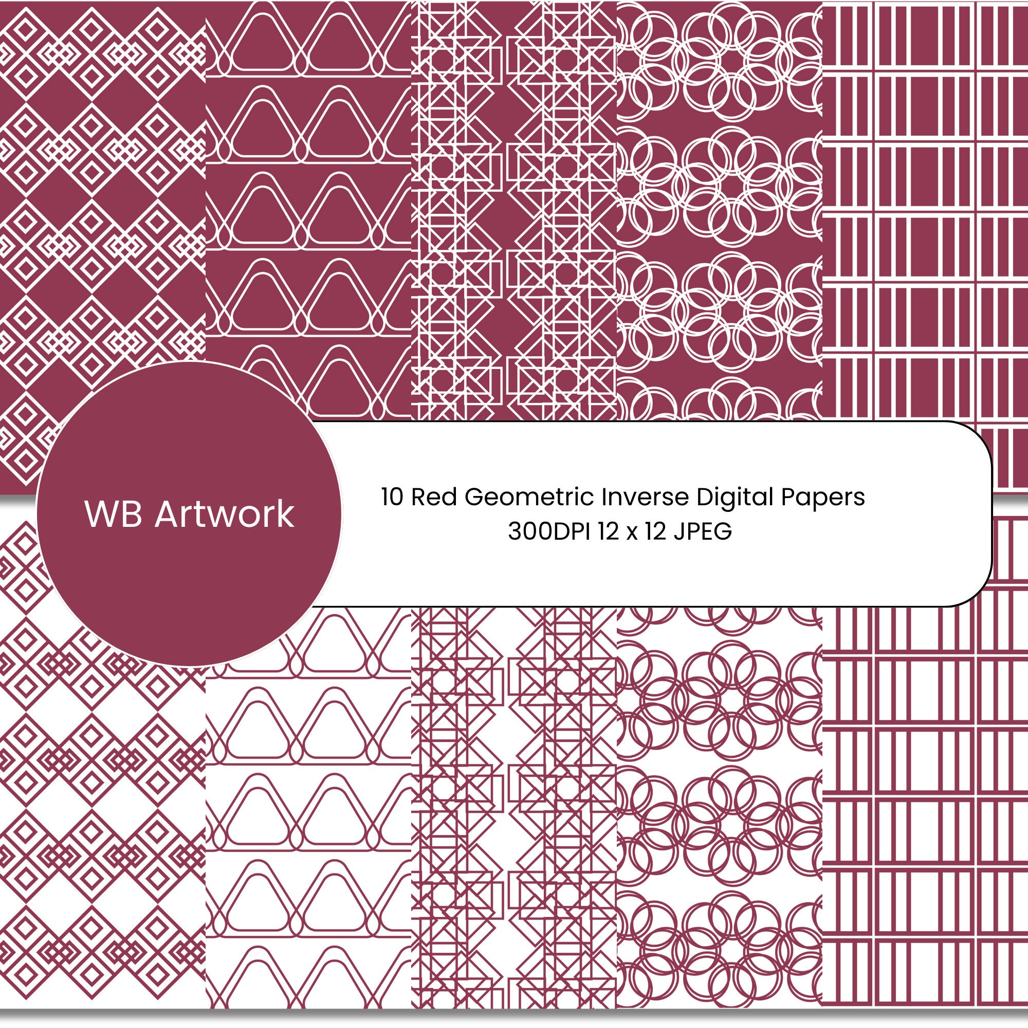 10 Red Geometric Inverse Digital Papers Downloadable Patterns ...