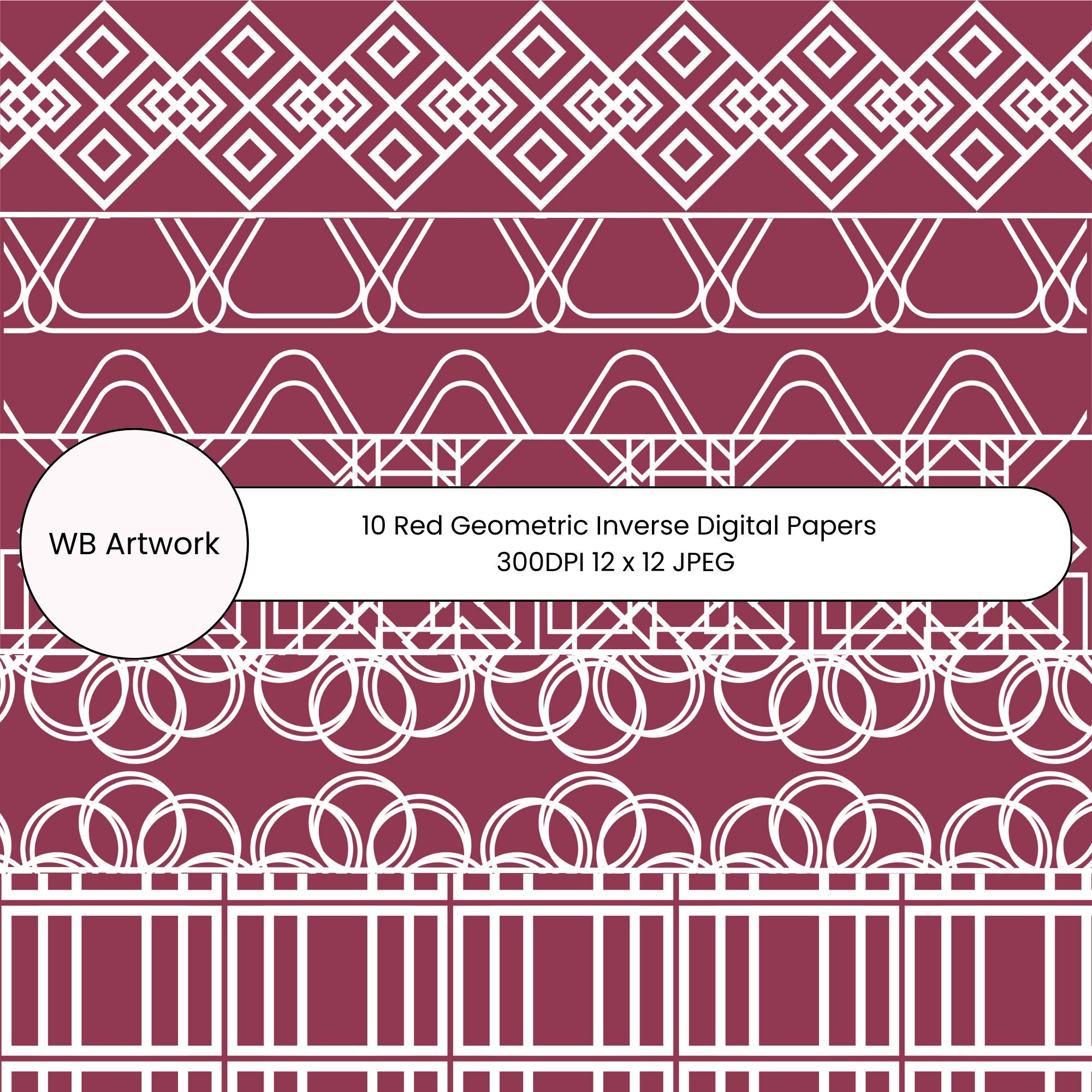 10 Red Geometric Inverse Digital Papers Downloadable Patterns ...