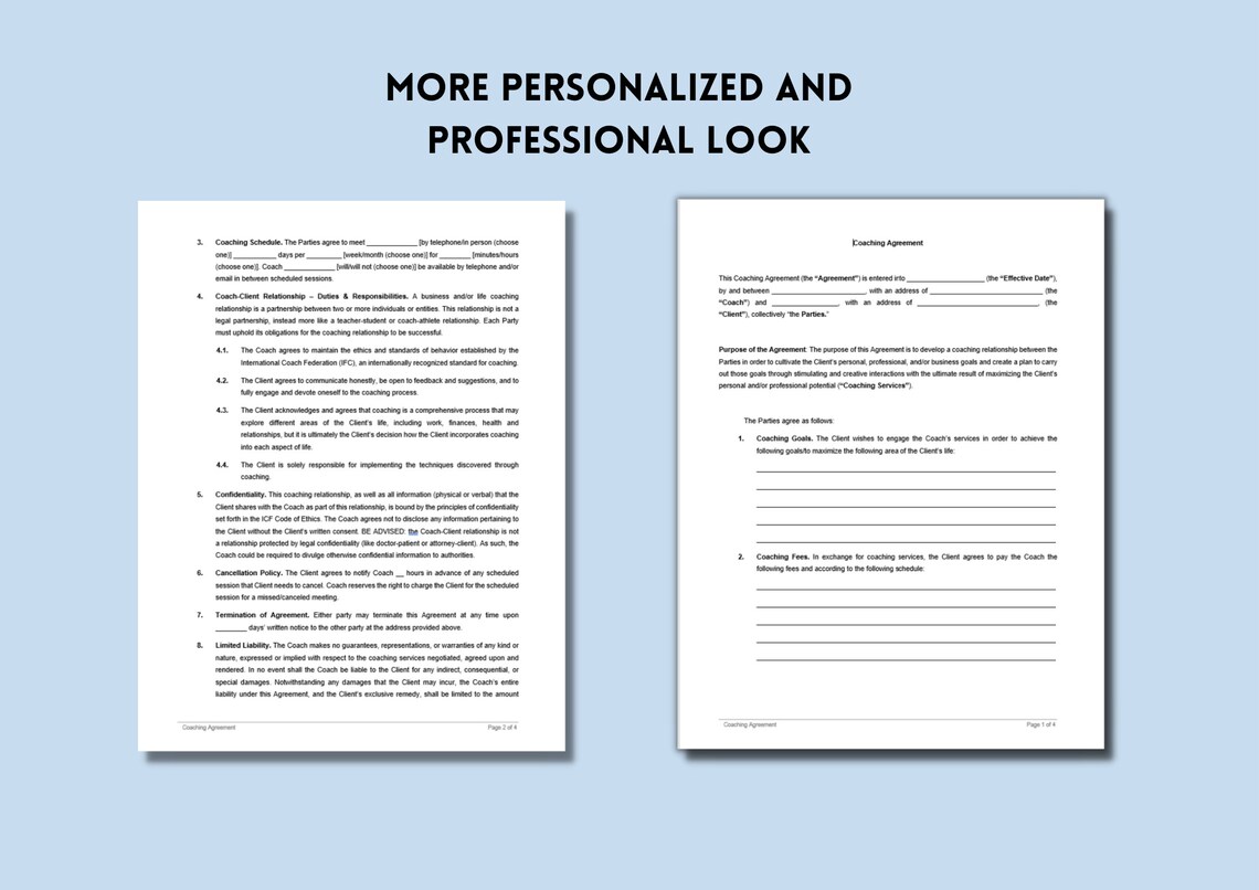 Editable Coaching Contract Template Document in Word Format and Canva ...