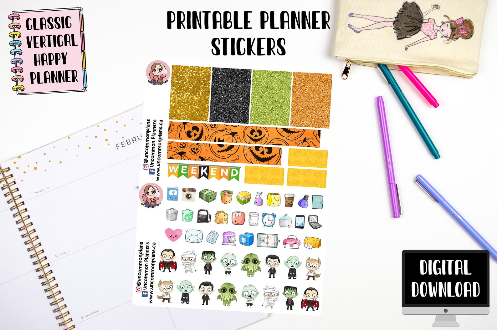 PRINTABLE Kawaii Halloween Monsters Weekly Kit Happy Planner Stickers ...
