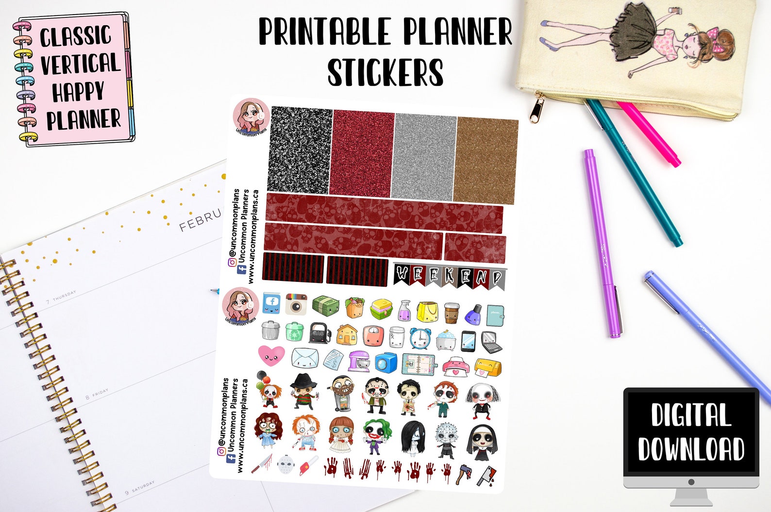 PRINTABLE Scary Movie Villains Weekly Kit Happy Planner Stickers ...