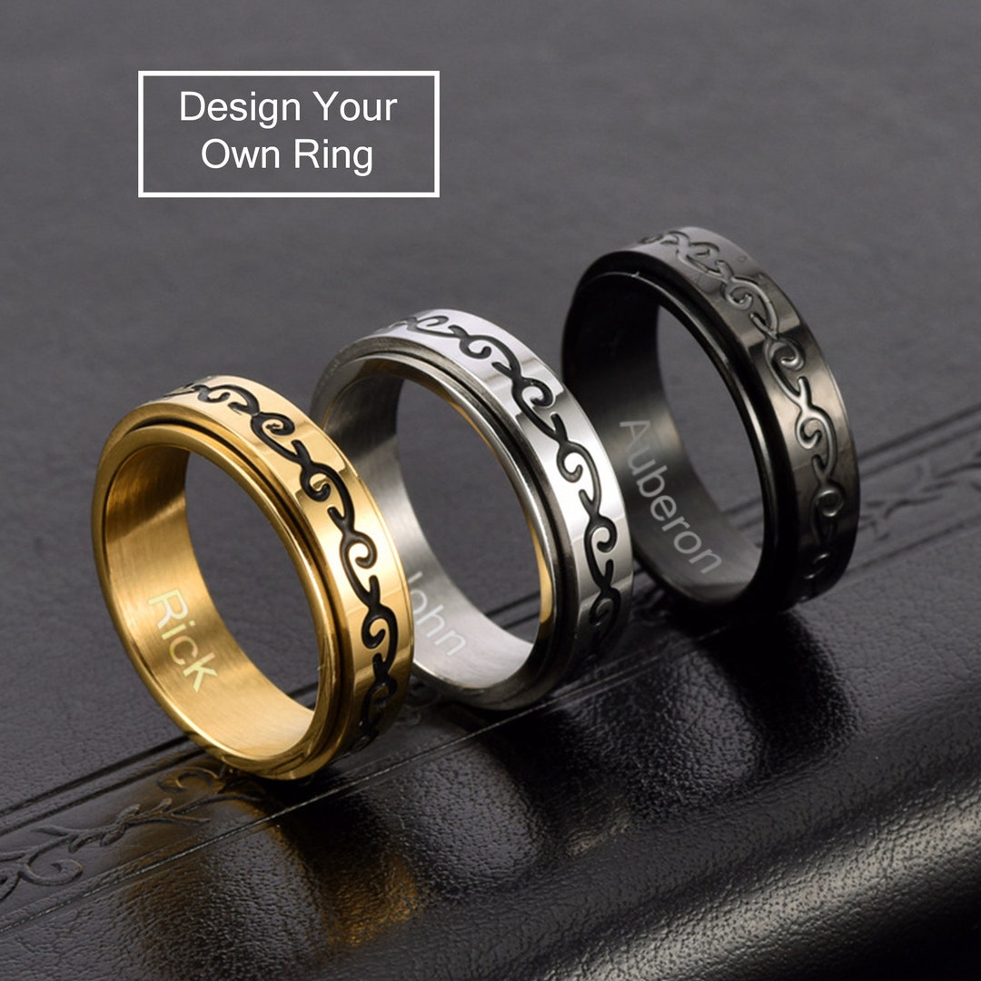 Personalised Spinner Ring, Sliver/gold/black Rotatable Ring Stainless ...