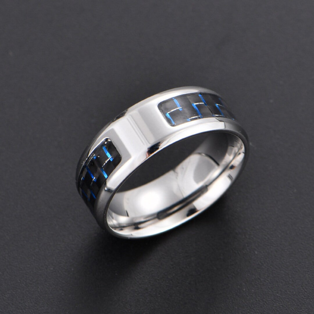 Stainless Steel Black Blue Carbon Fiber Rings, Sliver Band Ring, Simple ...