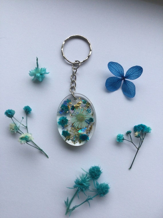 Real Flower Blue and Gold Keyring | Etsy