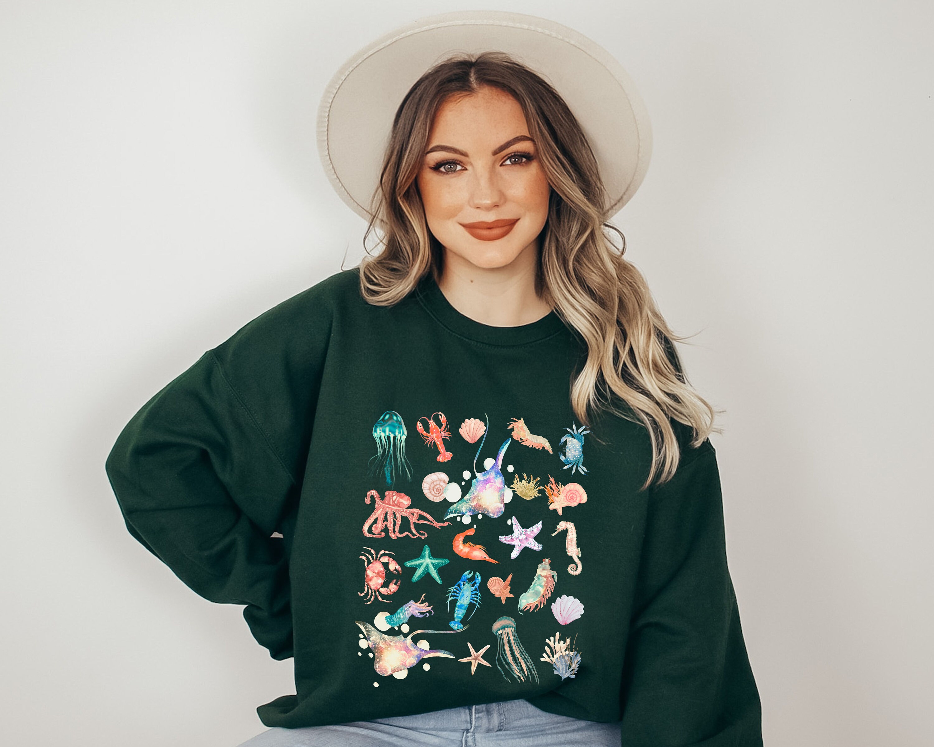 Crustaceancore Ocean Animal Lover Sweatshirt, Watercolor Retro Animal ...