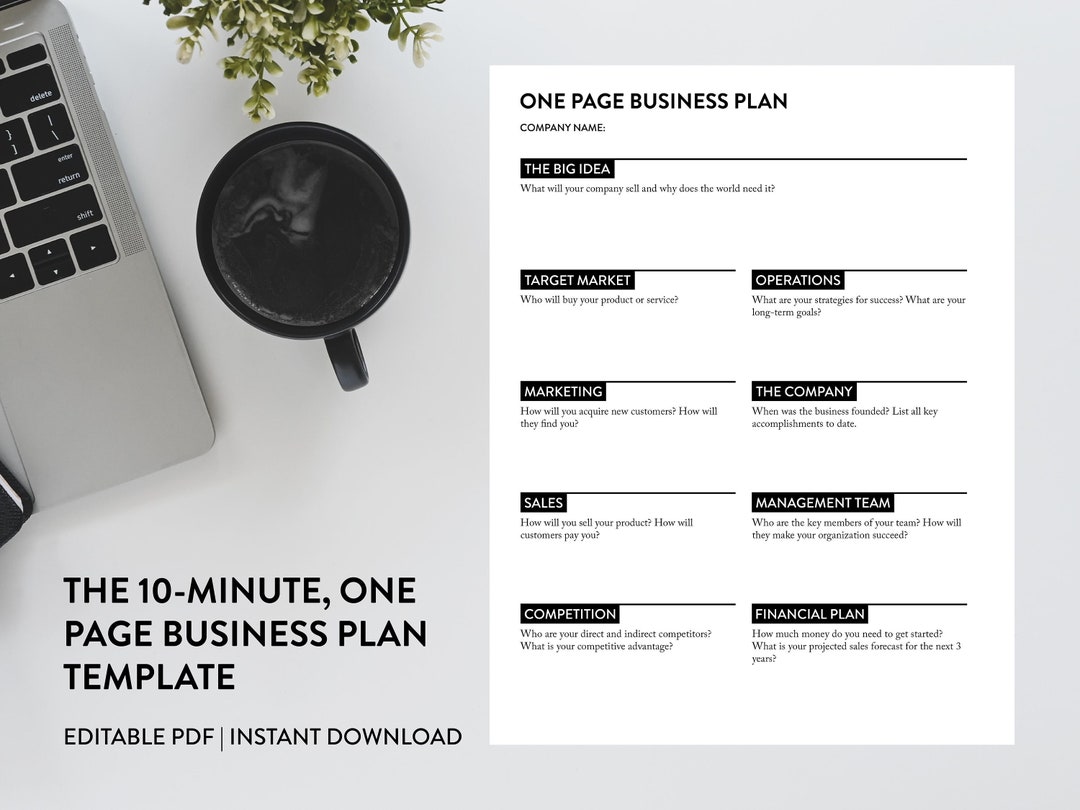 One Page Business Plan Template, Printable Business Plan, Small ...