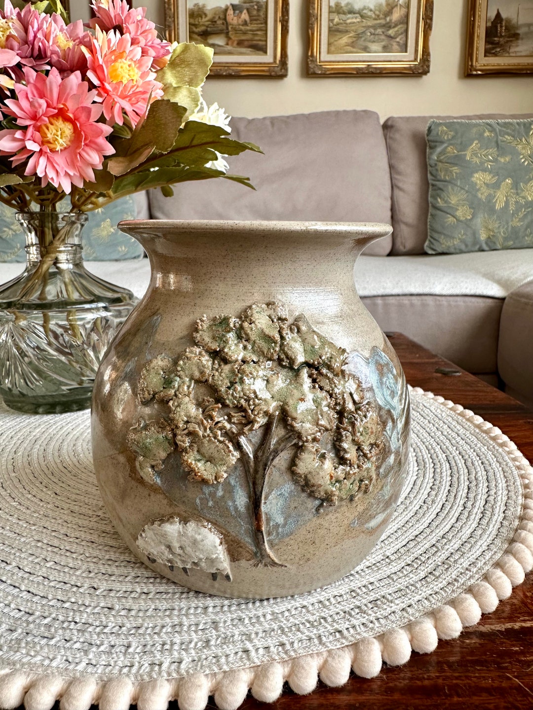 Vintage Arran Pottery Folk Art Stoneware Vase Hand Painted Mountains ...