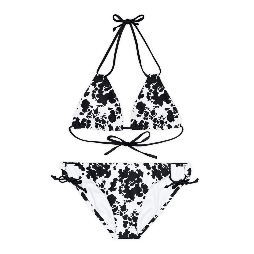 Cow Print Strappy Bikini Set Cute Black and White Swimming Suit ...