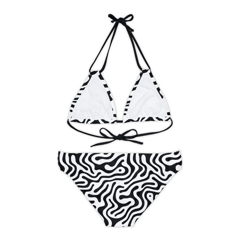 Retro Wave Strappy Bikini Set Black White Wavy Designer Swimming Suit