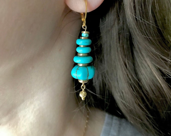 Dangle Turquoise Earrings Beaded Gemstone Earrings Blue Stone & Gold ...
