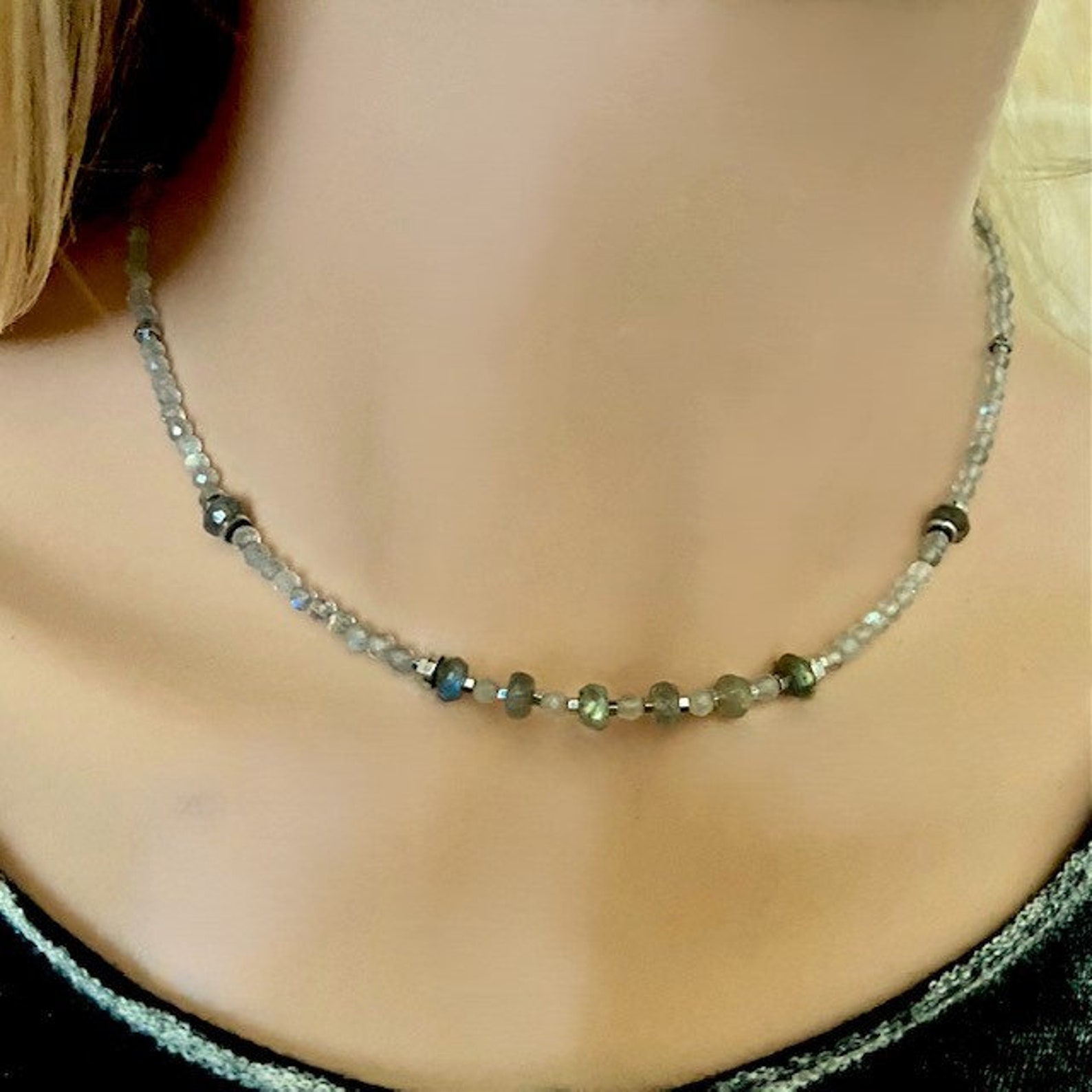 Handmade Sterling Silver & Flash Labradorite Necklace Choker- Sparkly ...