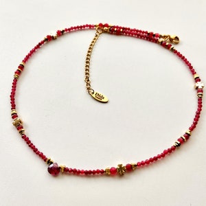 Red Ruby Gold Necklace- Tiny Gemstone Beaded Necklace- Sparkly Red ...