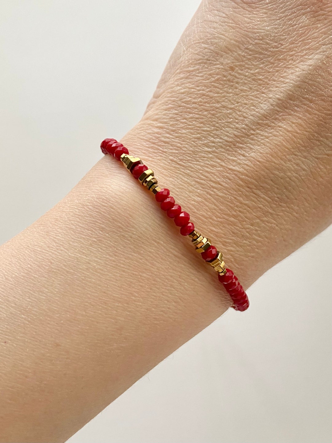 Red Jade Bracelet--beaded Gemstone Gold Bracelet- Red and Gold Beaded ...