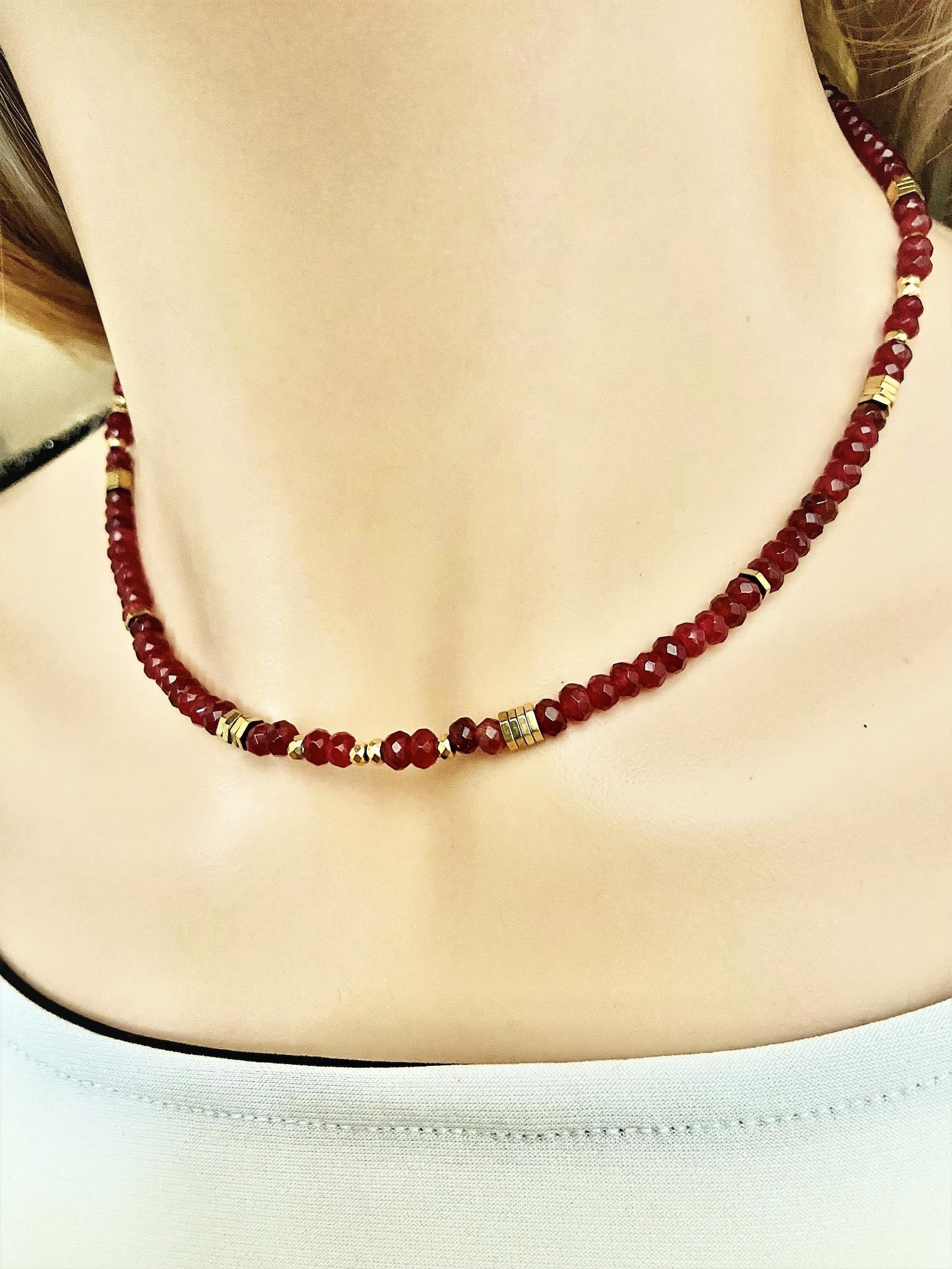 Red Ruby Necklace Choker- Tiny Beaded Gemstone Necklace- Red and Gold ...