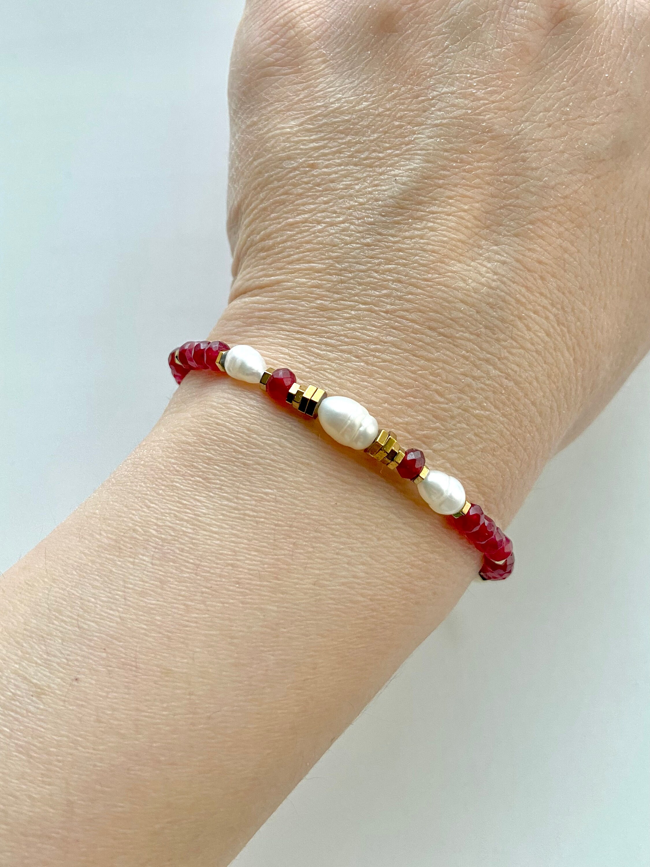 Red Ruby and Fresh Water Pearl Bracelet- Multi Gemstone Beaded Bracelet ...