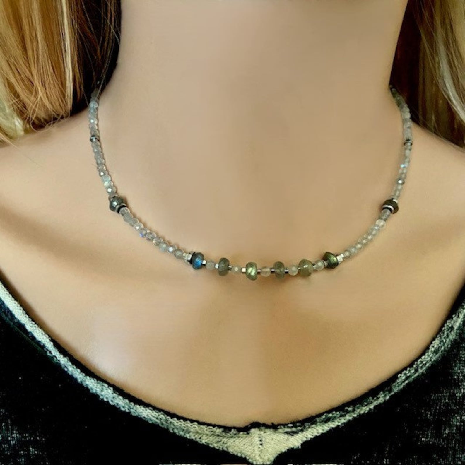 Handmade Sterling Silver & Flash Labradorite Necklace Choker- Sparkly ...