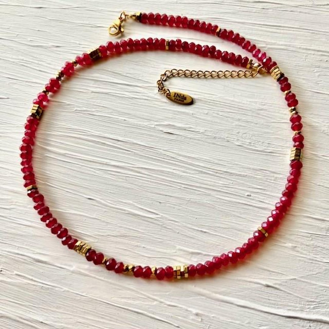 Red Ruby Necklace Choker- Tiny Beaded Gemstone Necklace- Red and Gold ...