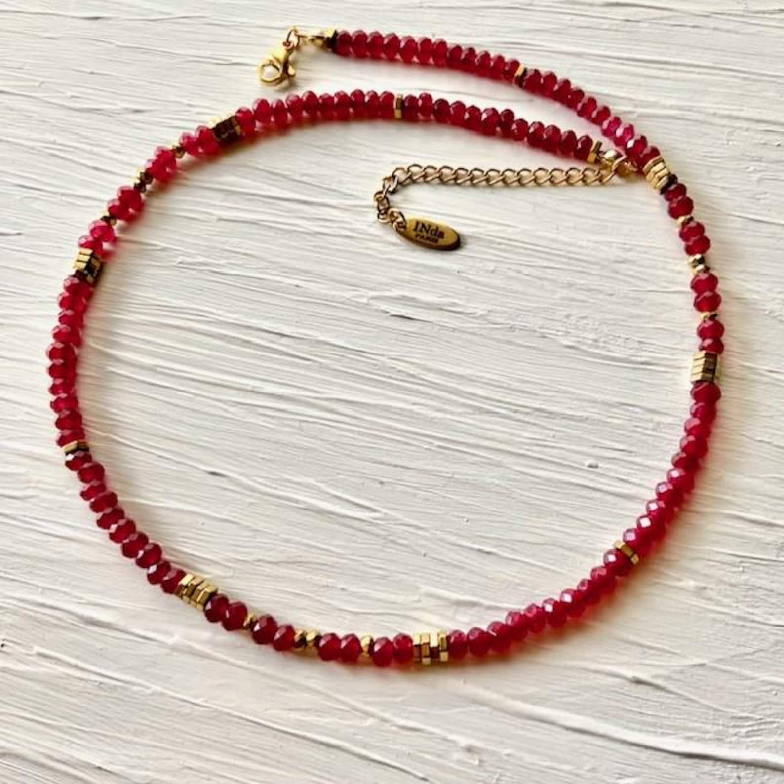 Red Ruby Necklace Choker- Tiny Beaded Gemstone Necklace- Red and Gold ...