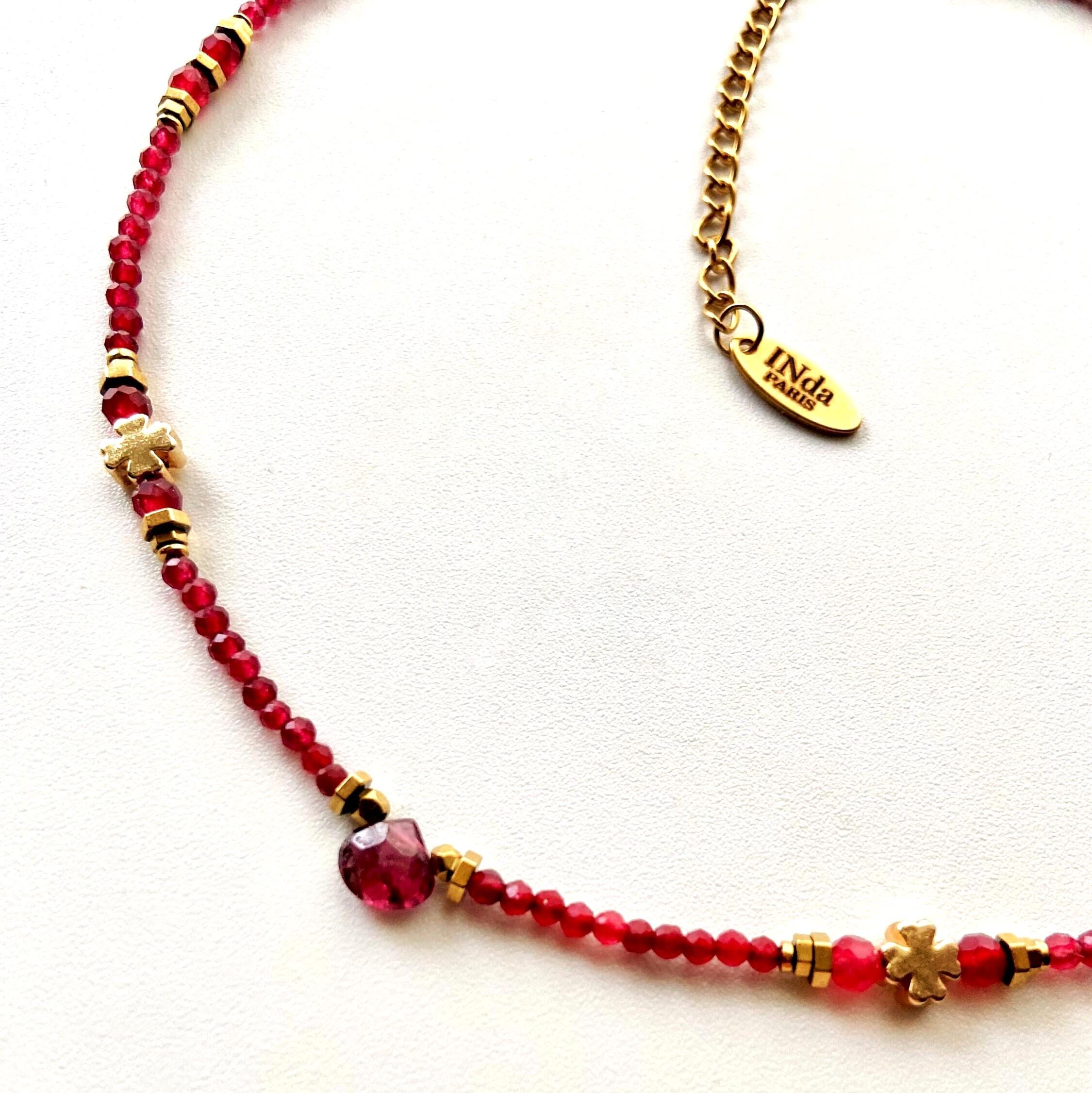 Red Ruby Gold Necklace, Tiny Gemstone Choker, Clover Necklace, Dainty ...