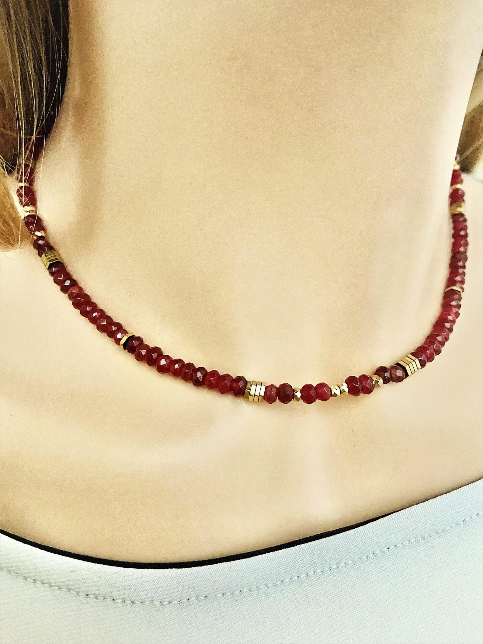 Red Ruby Necklace Choker- Tiny Beaded Gemstone Necklace- Red and Gold ...