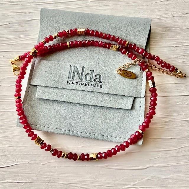 Red Ruby Necklace Choker- Tiny Beaded Gemstone Necklace- Red and Gold ...